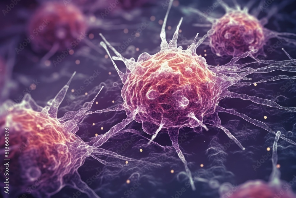 Malignant cancer cells under a microscope. AI generated, human enhanced ...