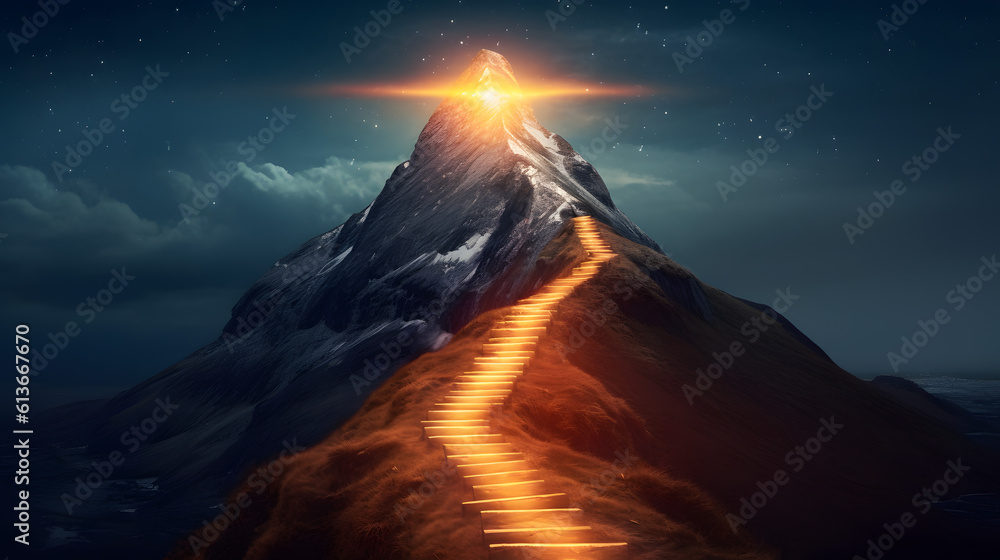 Path to success concept, with glowing light path going up the mountain ...