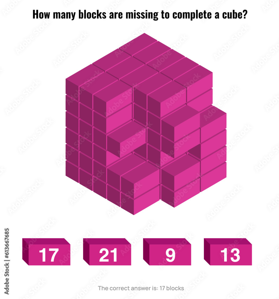 IQ abstract logical reasoning question. How many blocks are missing in this picture to form a ...