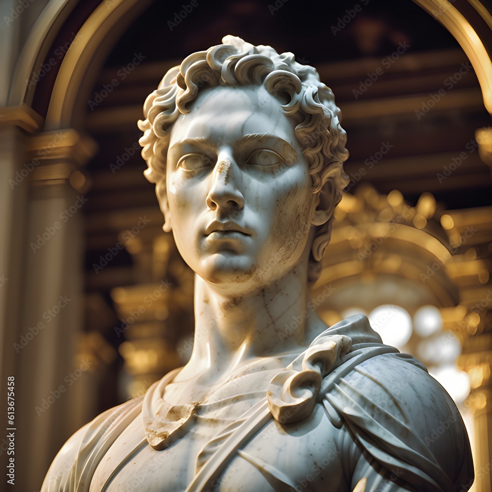 Image of a white marble statue bust of a roman soldier or the demigod ...