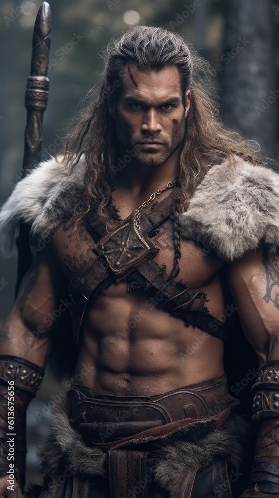 A gorgeous barbarian man in the woods Stock Illustration | Adobe Stock