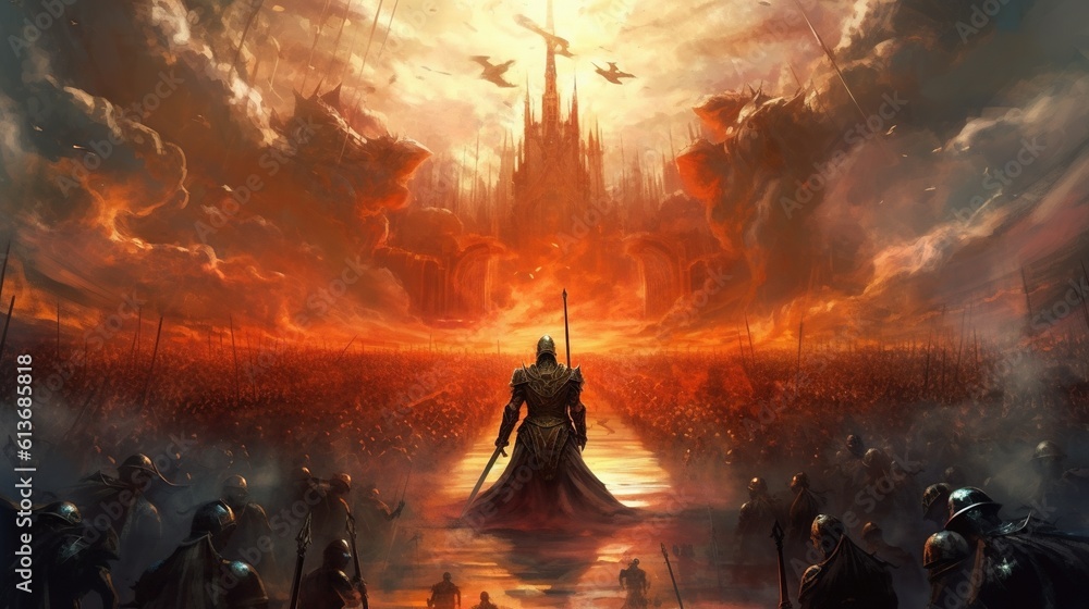 A paladin leading a holy crusade against a horde of demons. Fantasy ...