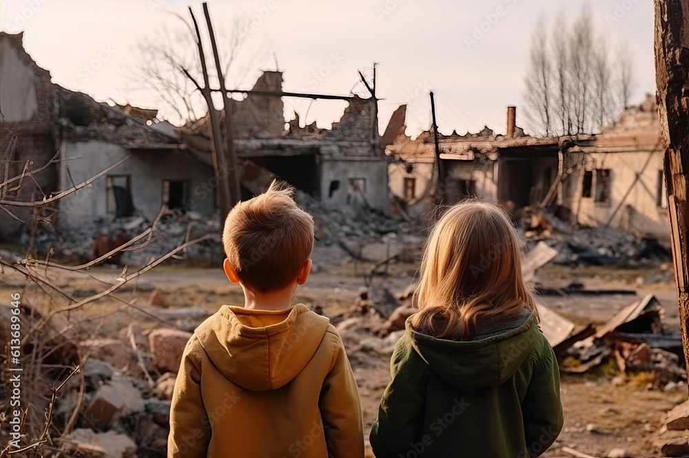 Kids look at destroyed village. War, politics, orphanage, humanitarian ...