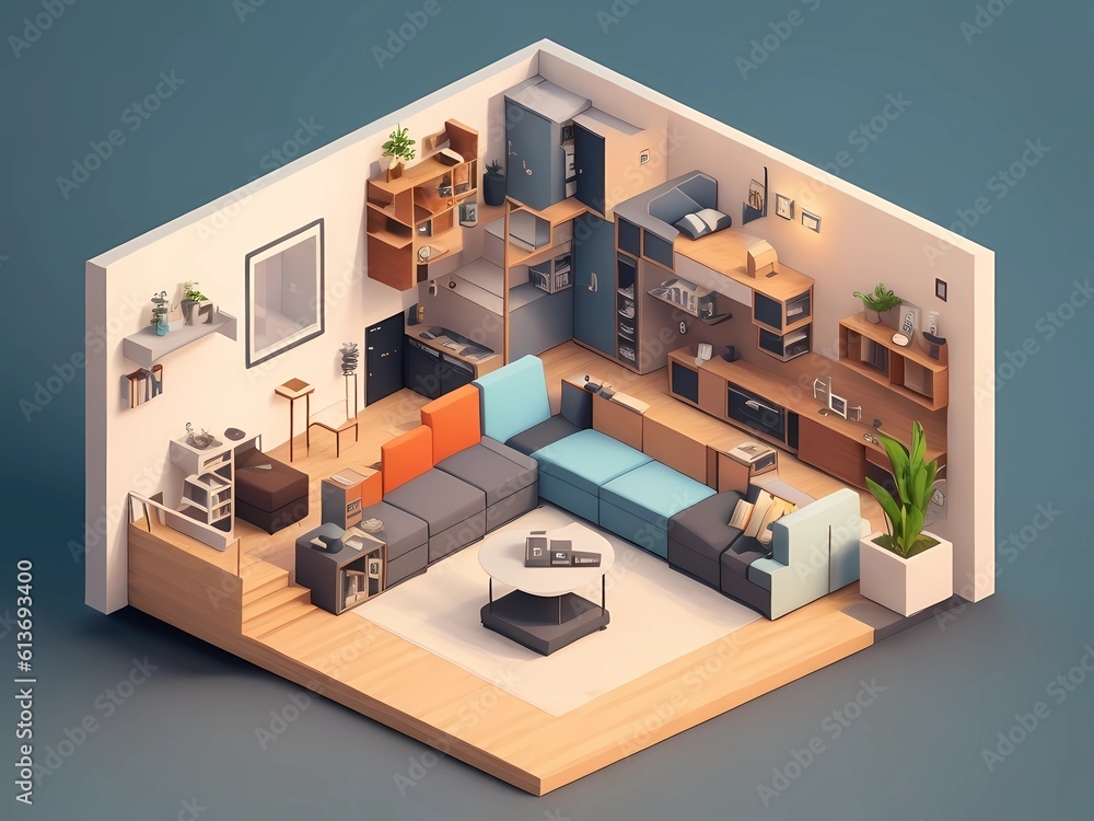 Cute Isometric Living Room with Industrial Interior Design, 3D model ...