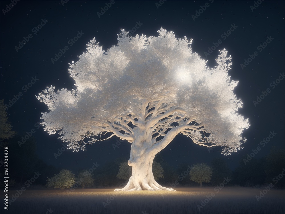 Poster A giant white glowing tree of life in the forest at night, tree ...