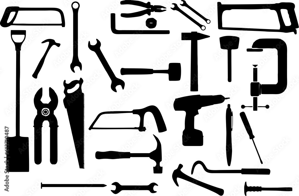 Repair and construction tools silhouettes on white background. High ...
