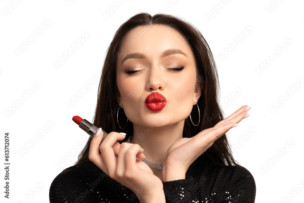 PNG holding lipstick with red lips kiss isolated on white background ...