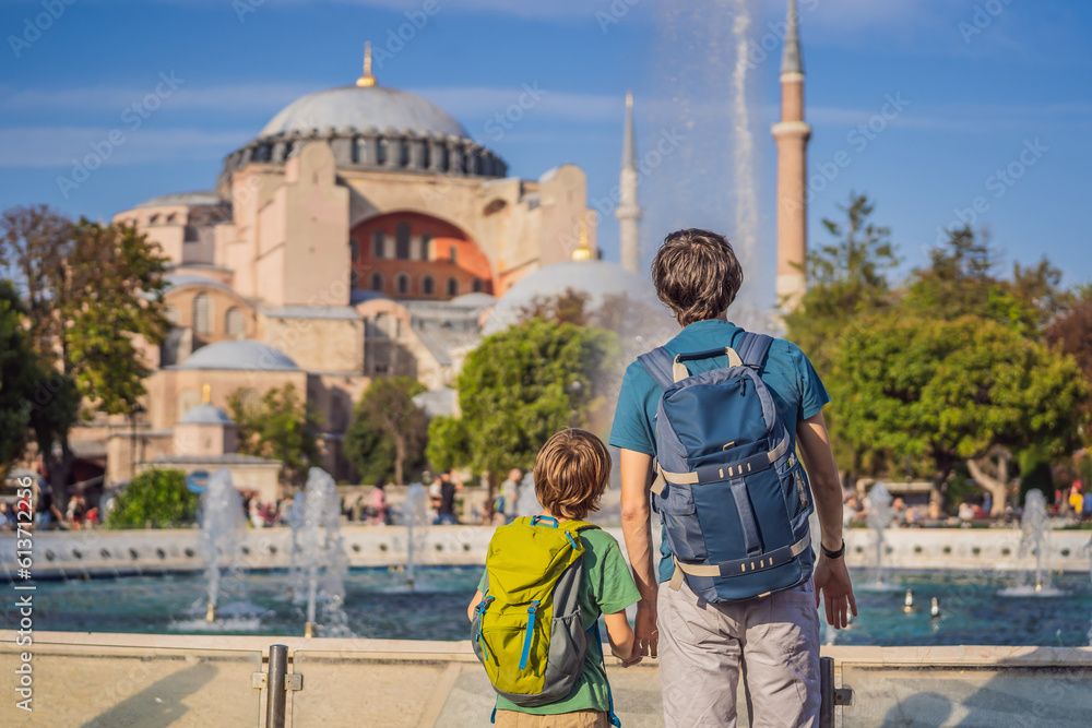 Father and son Tourists enjoy beautiful view on Hagia Sophia Cathedral ...