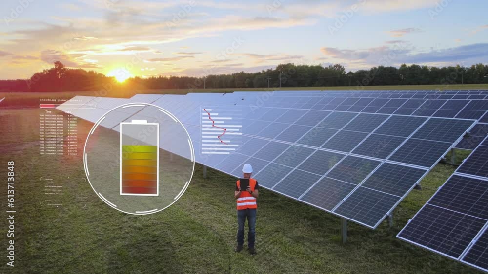 Engineer testing new installed solar panels on farm field at sunset ...