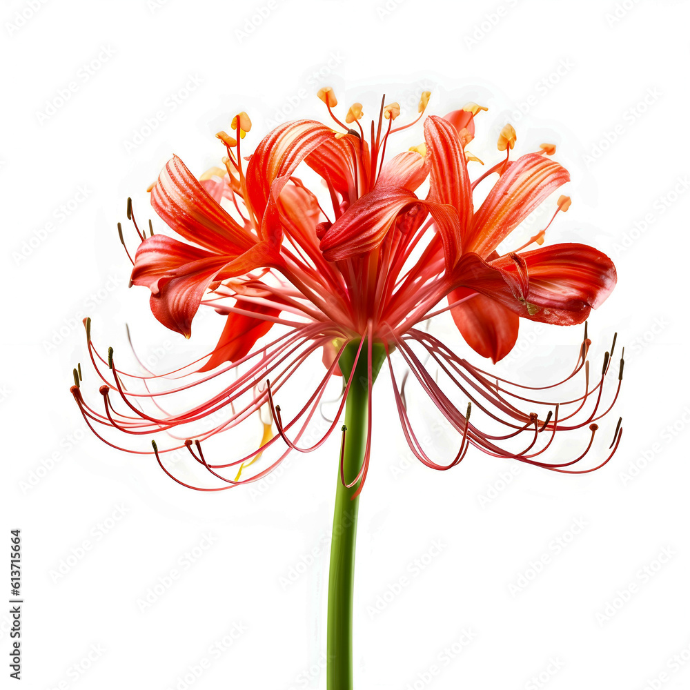 Red Lycoris Radiata flower close up shot isolated on white background ...