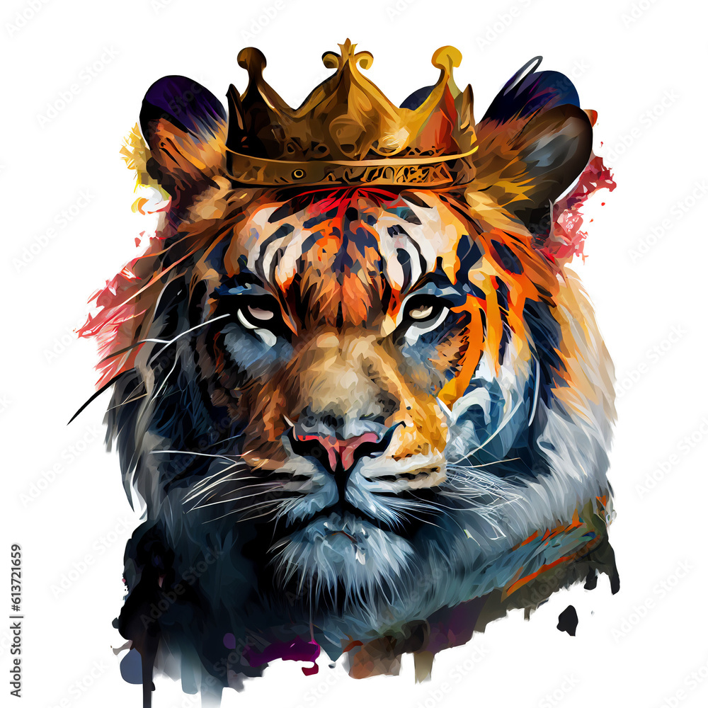 Colorful art of a tiger with a crown on transparent background ...