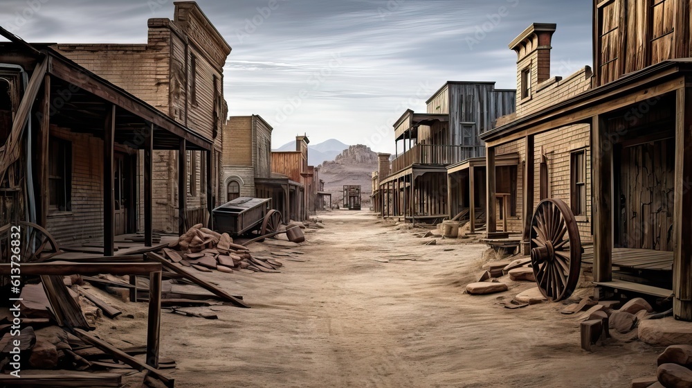 An old ghost town from the wild west era, featuring weathered wooden ...