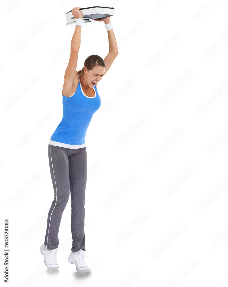 Anger, scale and woman with fitness, stress and model isolated against ...