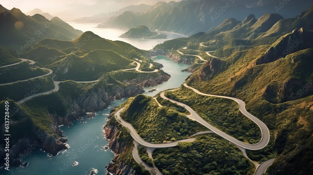 An awe-inspiring aerial view of a winding road cutting through ...