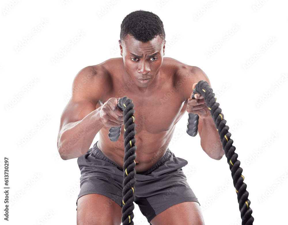 Fitness, muscle and gym with black man and rope on transparent ...