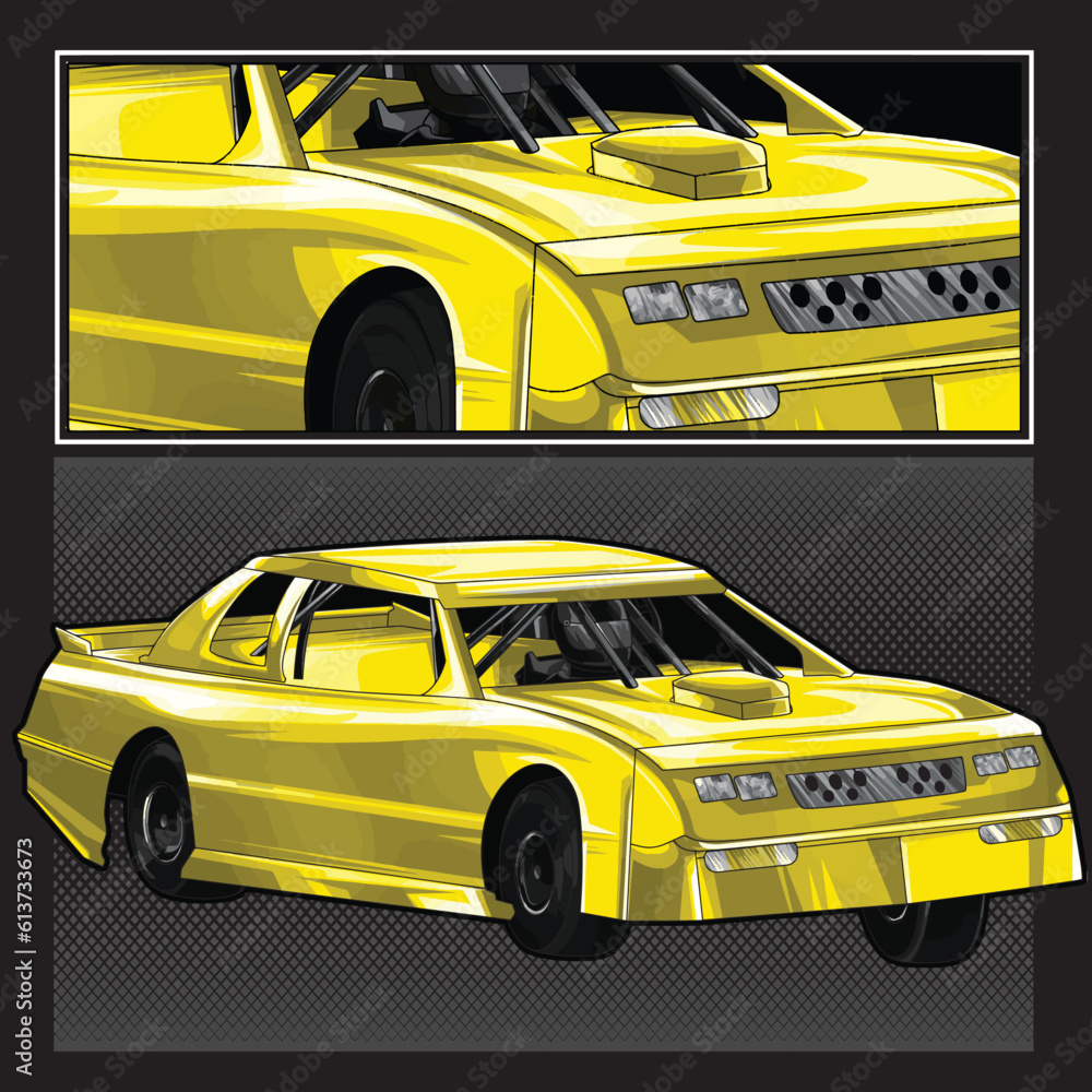 yellow drag race illustration isolated in black background for poster ...