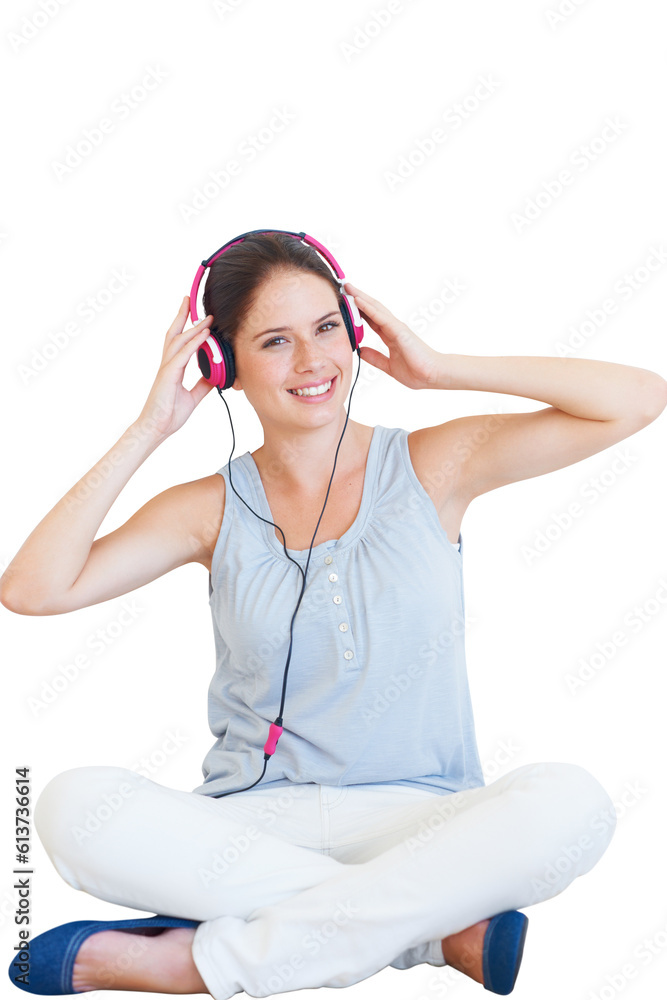 Headphones, listening to music and a woman with a smile for audio ...