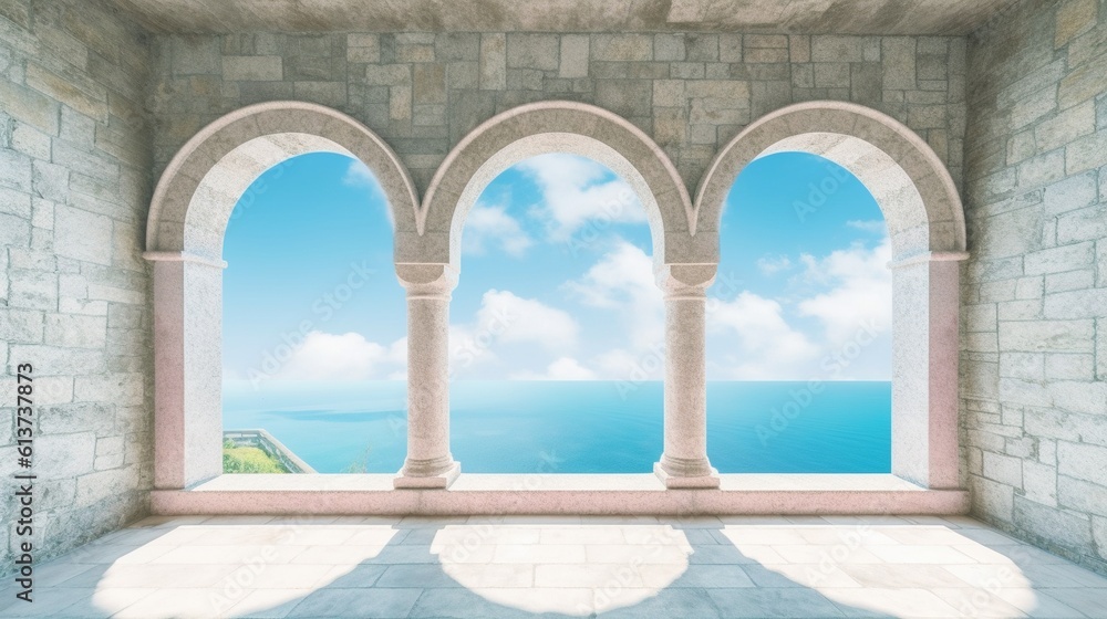 Generative AI, historic medieval stone arch windows with romantic view ...