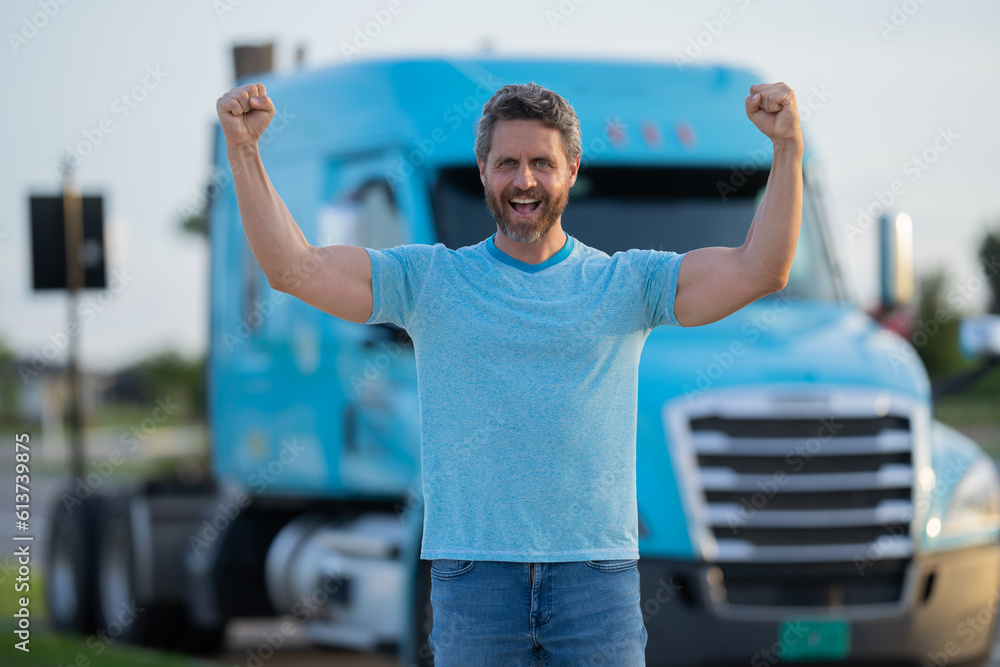 Men driver near lorry truck. Truck driver. Trucking owner ...