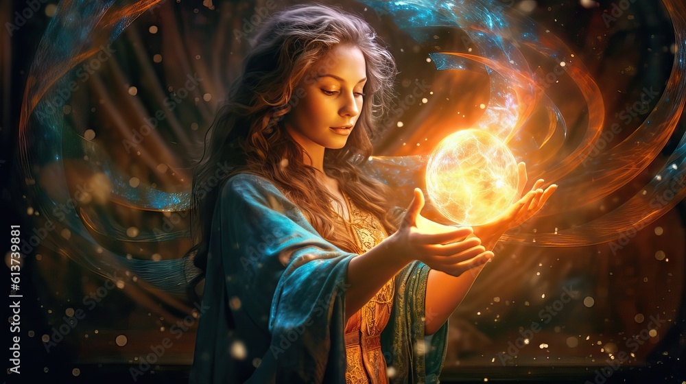 A mystical sorceress casting a spell, with vibrant magical energy ...