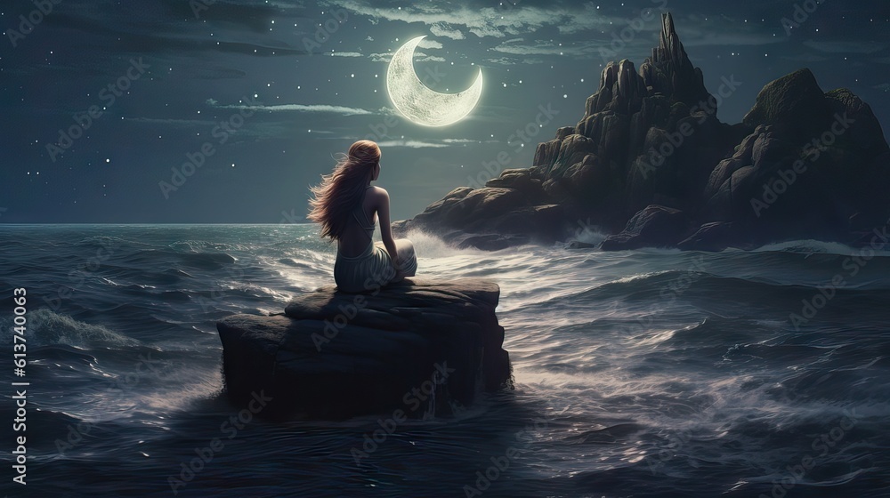A mermaid sitting on a rock in the middle of the ocean, gazing at the ...