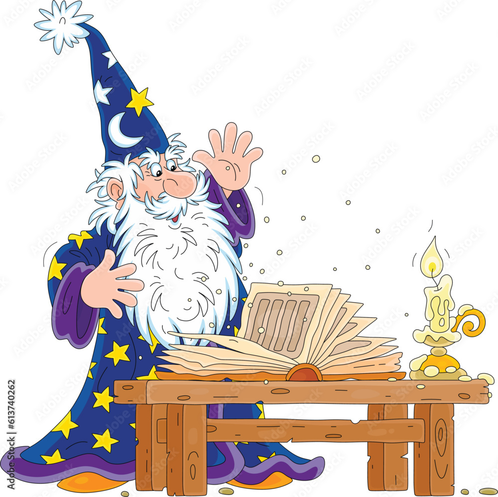 Magician astrologer saying spells from his old magic book by ...