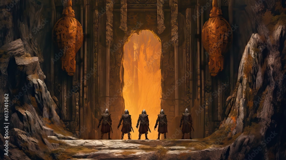 A group of adventurers standing before a massive, mysterious door ...