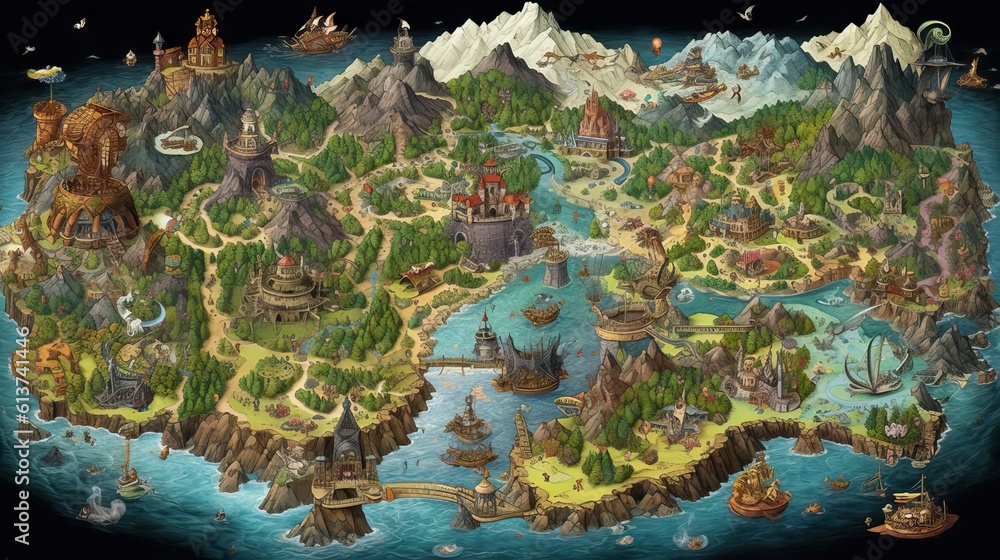 A detailed map of a fantasy world, complete with mythical creatures and ...