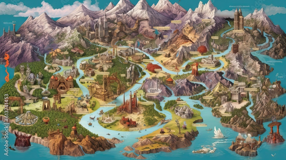 A detailed map of a fantasy world, complete with mythical creatures and ...