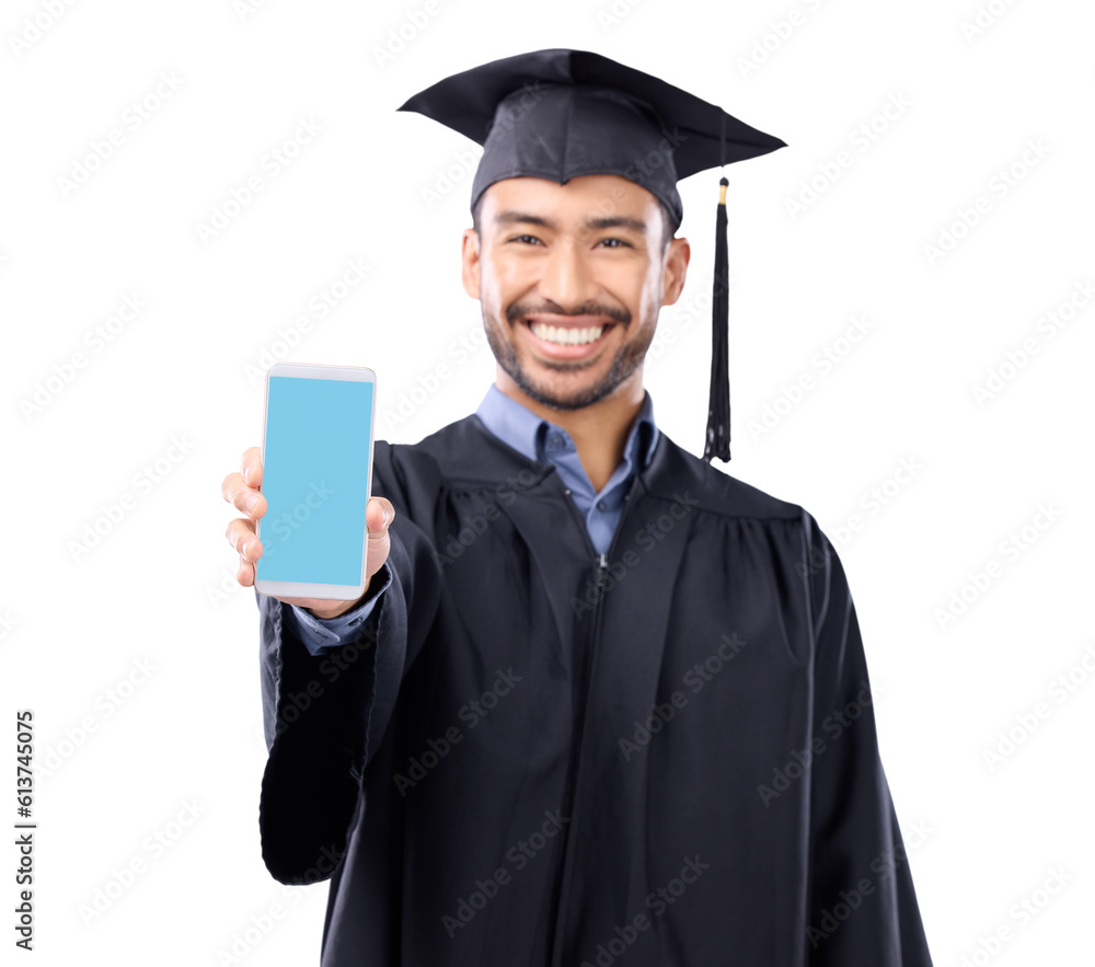 Portrait, phone and green screen with a man at graduation isolated on a ...