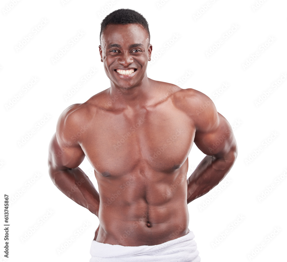 Portrait, muscle and black man with wellness, morning routine and model ...