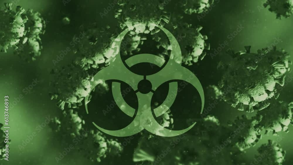 Animation of biohazard symbol and multiple covid-19 cells floating ...