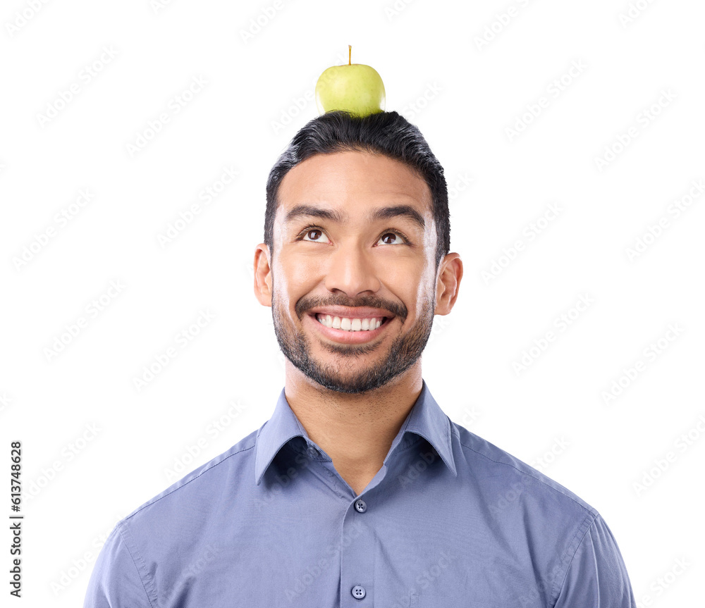 Happy man, apple on head and balance nutrition, health and fruit ...