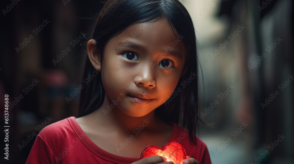 young cute little filipino girl with puppy eyes holding a red glowing ...