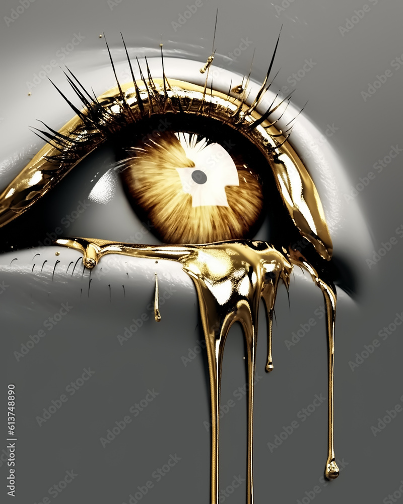 Golden Tears dropped from sad eye, full makeup molten gold Stock ...