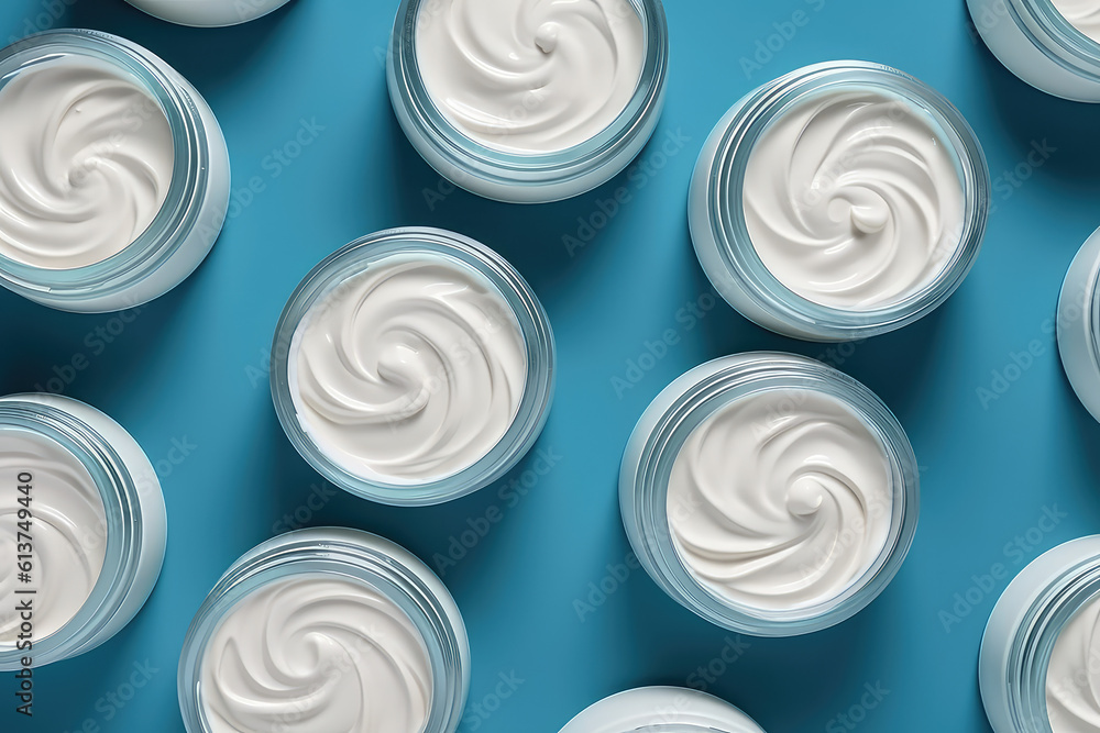 Overhead view of open white round plastic jars of cream with swirl of ...