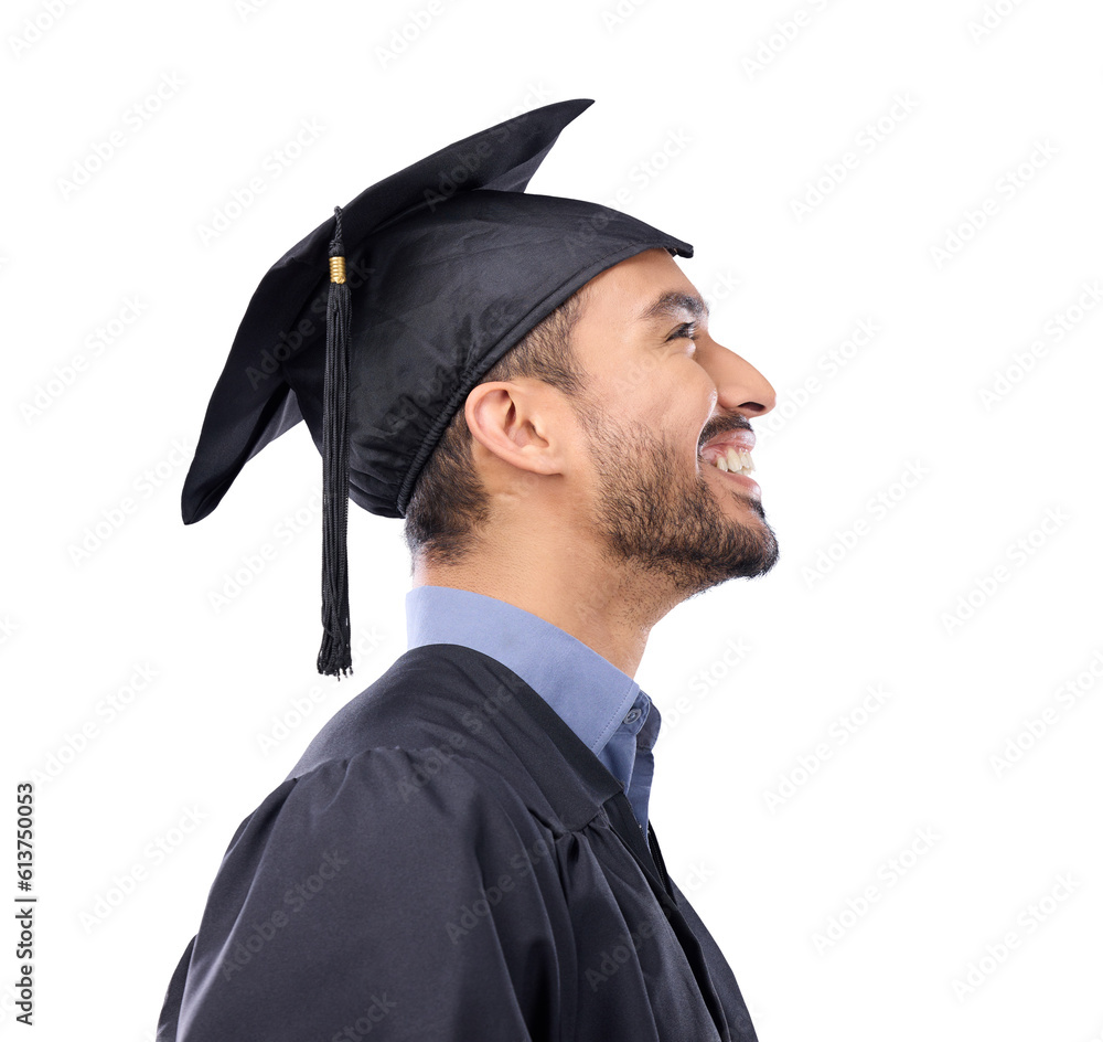 Graduate, education and man, profile and achievement with cap and gown ...
