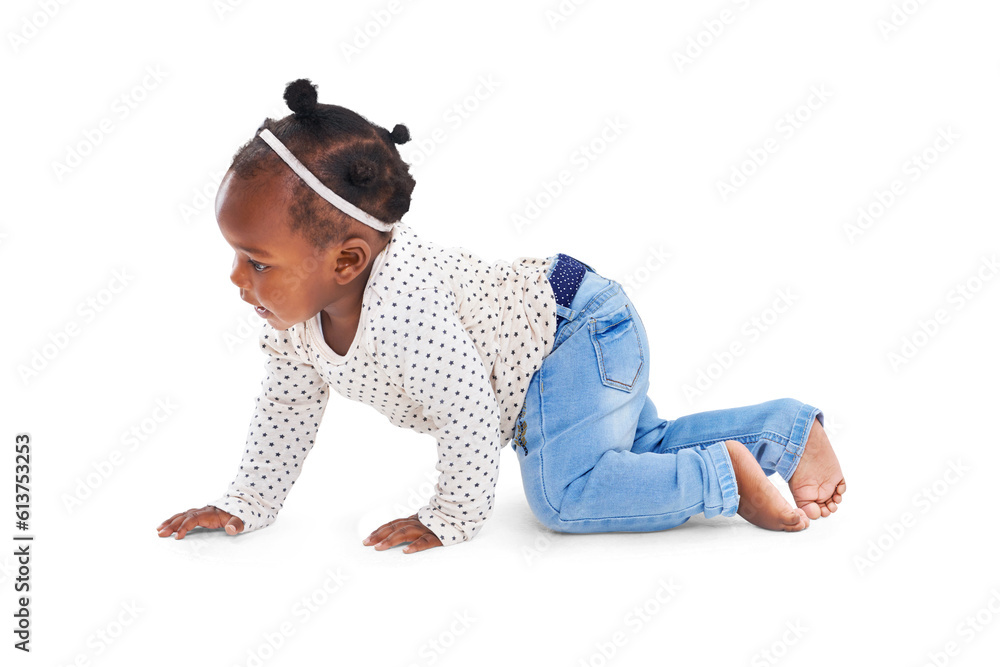 Crawl, baby and girl with growth, wellness and kid isolated against a ...