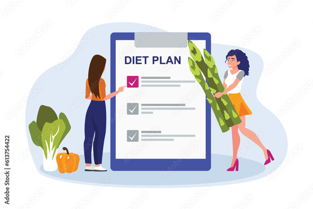 Cartoon smiling girls making diet plan. Diet meal for weight loss ...