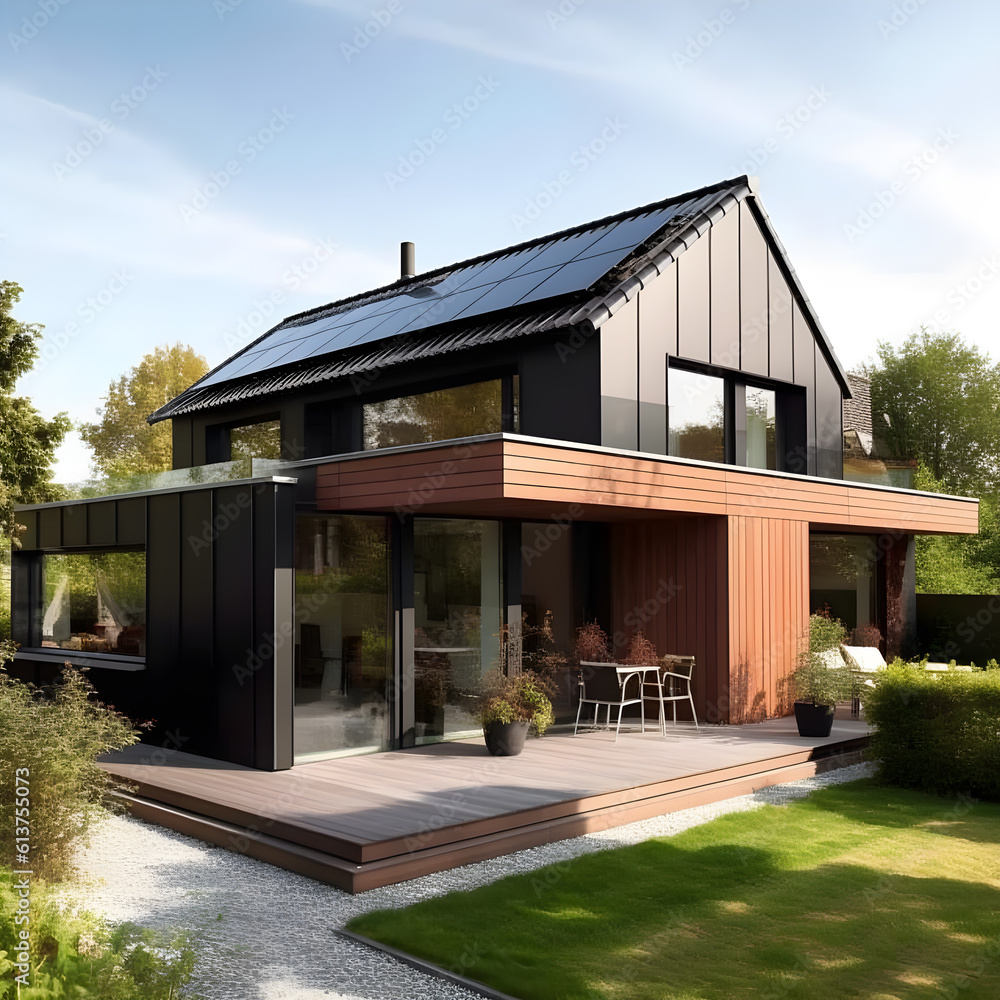 Modern suburban house with solar panels installed on its roof. The ...