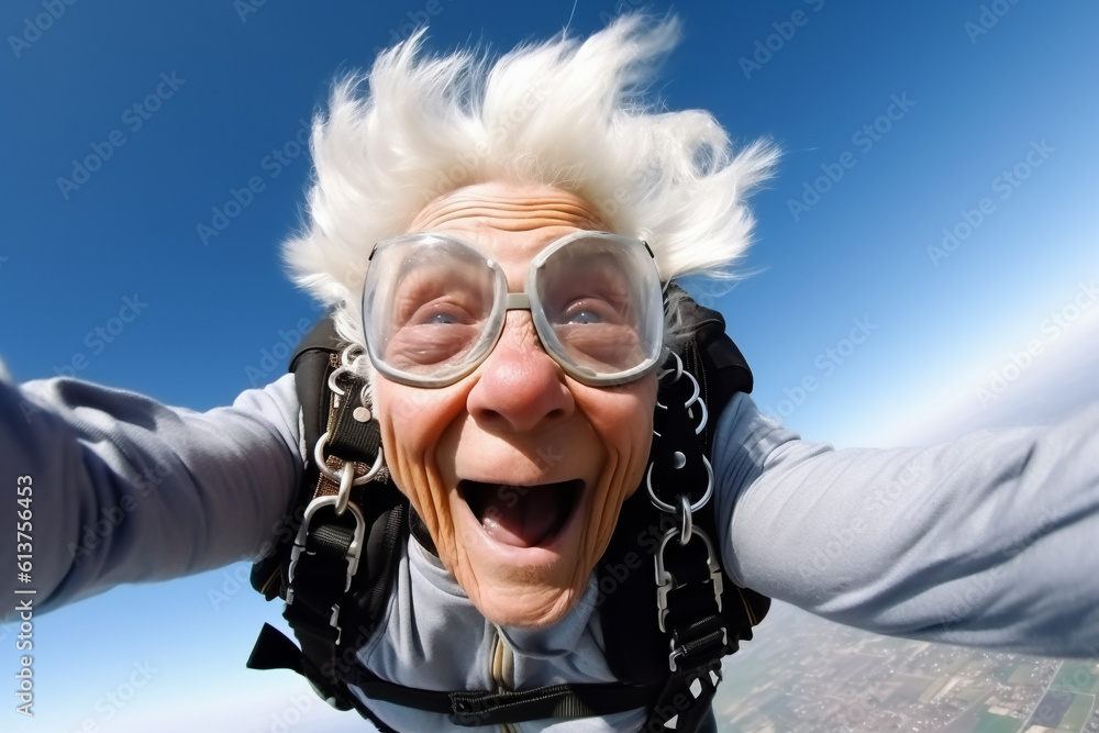 Old woman with gray hair takes a selfie while skydiving - theme ...