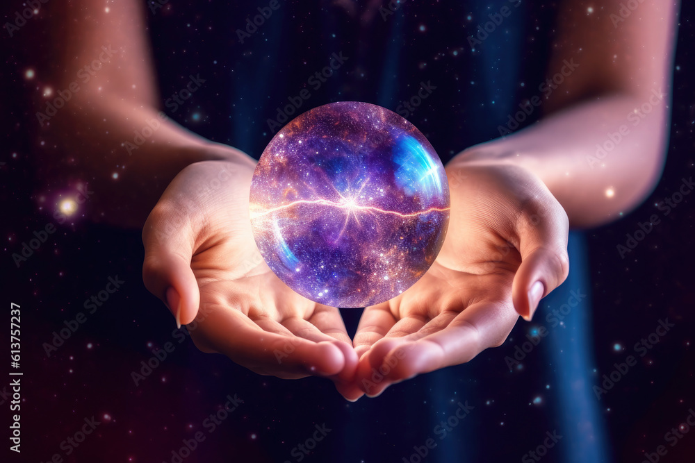 hands holding glowing sphere of light and space. Reading the future in ...