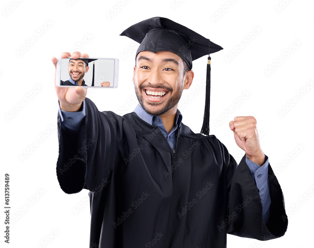 Isolated man, graduation selfie and university event with smile ...