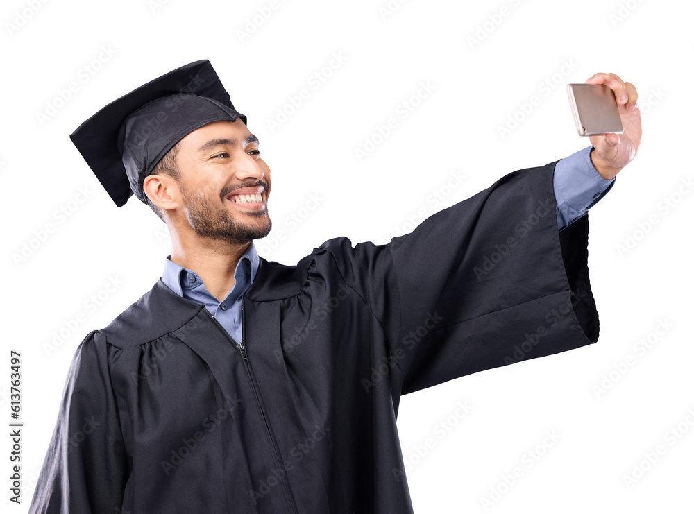Isolated graduate man, selfie and college event with smile, photography ...