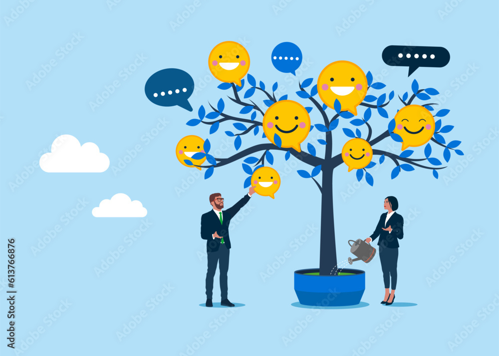Businesspeople picking positive feedback from tree. Good review, good ...