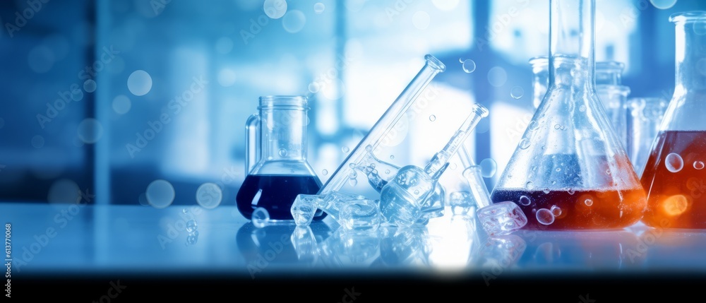 beaker and flask in science laboratory with chemical structure blue ...