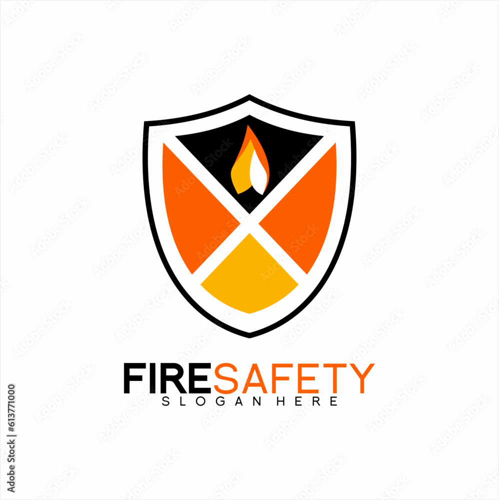 Fire safety logo design. Illustration of a shield with fire and a cross ...