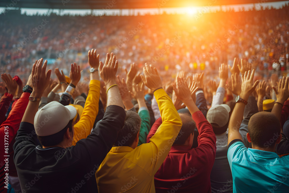 Crowd of sports fans cheering during a match in stadium. Excited people ...