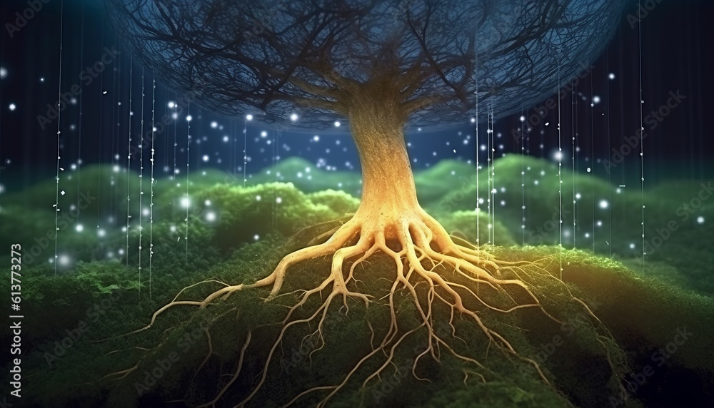 Mycelium network, fungal root system underground. Trees above ground ... Mycelium network, fungal root system underground. Trees above ground ...