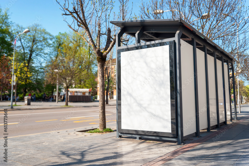 Bus stop station vertical bilboard mockup. Modern bus station, beside ...